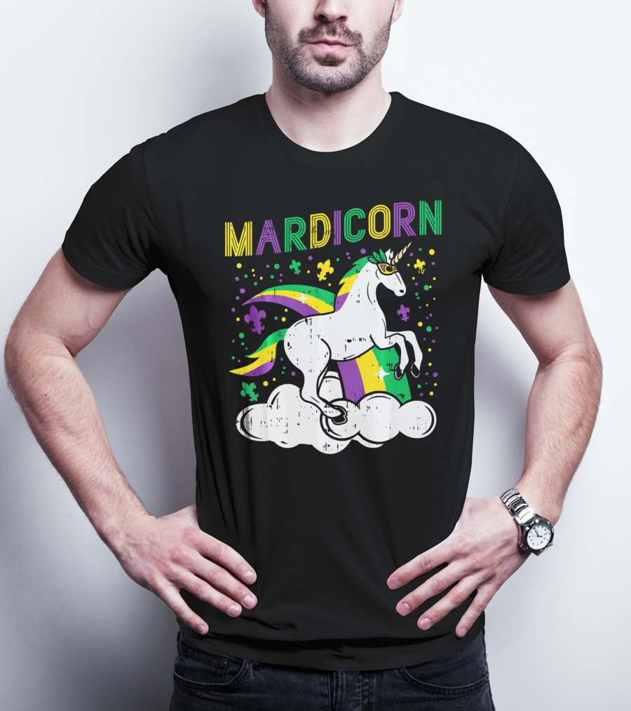 Mardicorn Retro Unicorn Jester Animal Mardi Gras Fleur-de-Lis Clouds T-Shirt