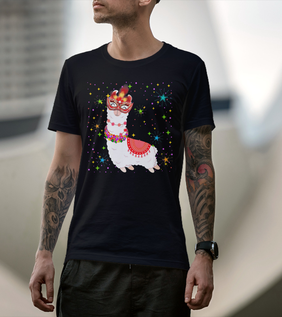 Llama Mardi Gras Mask Beads Colorful Festive Stars T-Shirt