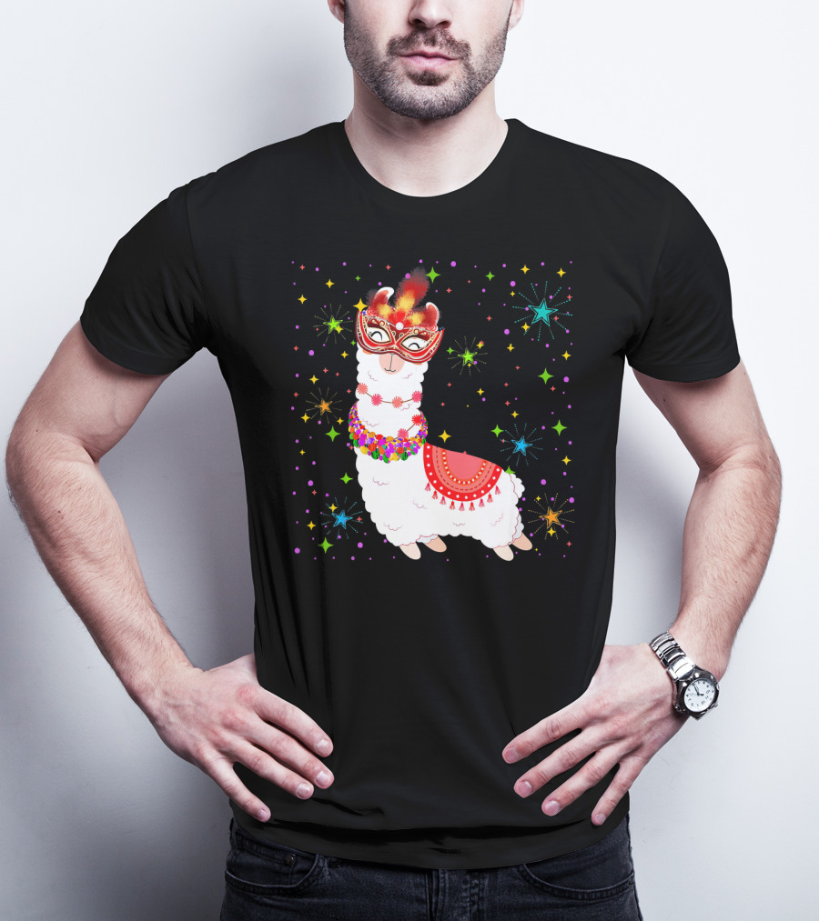Llama Mardi Gras Mask Beads Colorful Festive Stars T-Shirt