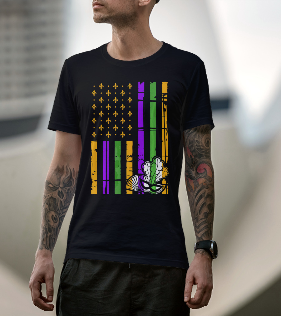 US Mardi Gras Celebration Flag Fleur De Lis Mask T-Shirt