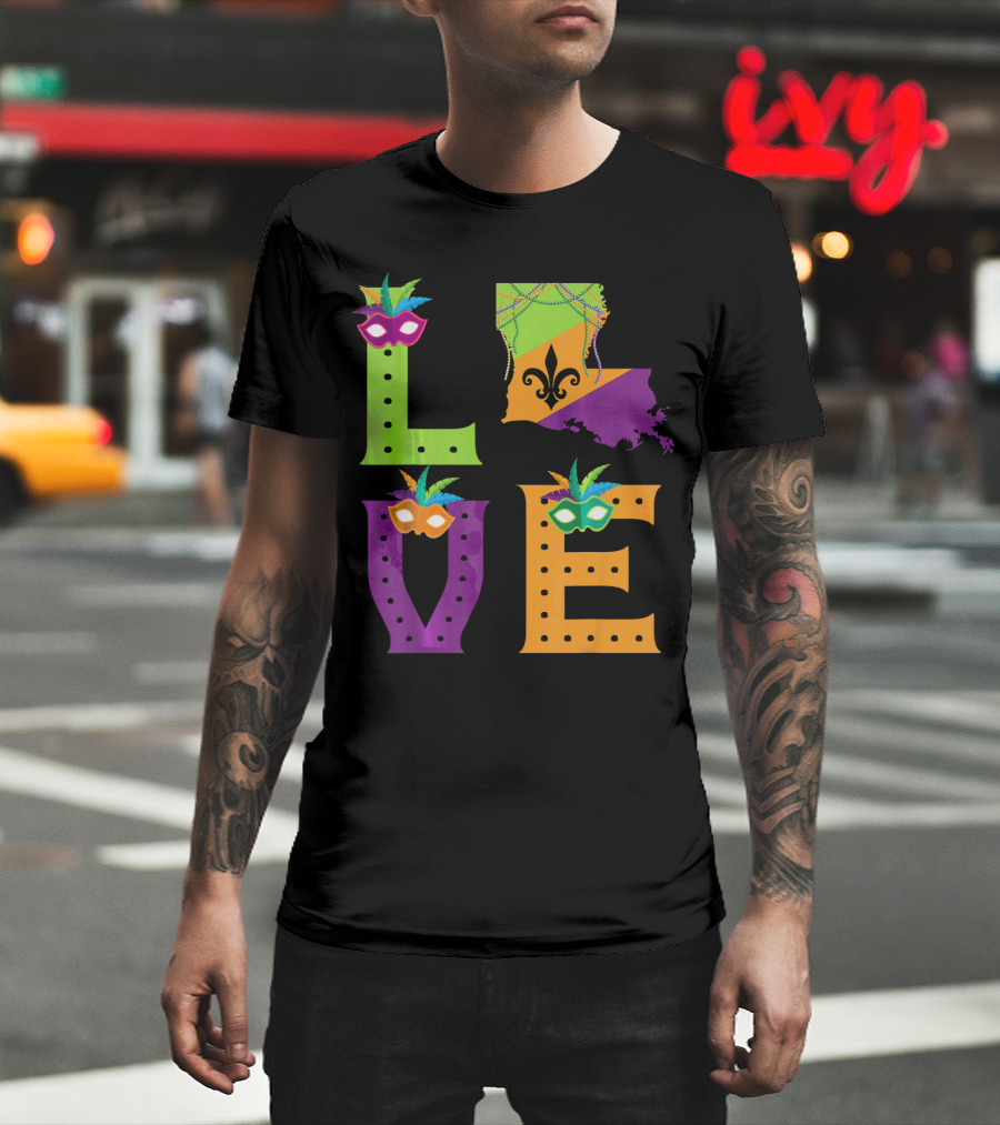 Love Mardi Gras Louisiana Fleur-de-lis Mask Beads T-Shirt