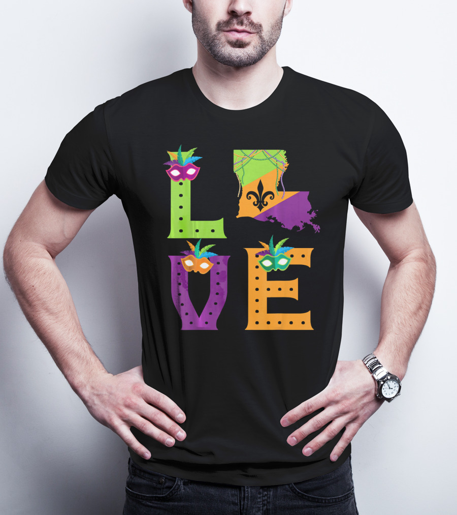 Love Mardi Gras Louisiana Fleur-de-lis Mask Beads T-Shirt
