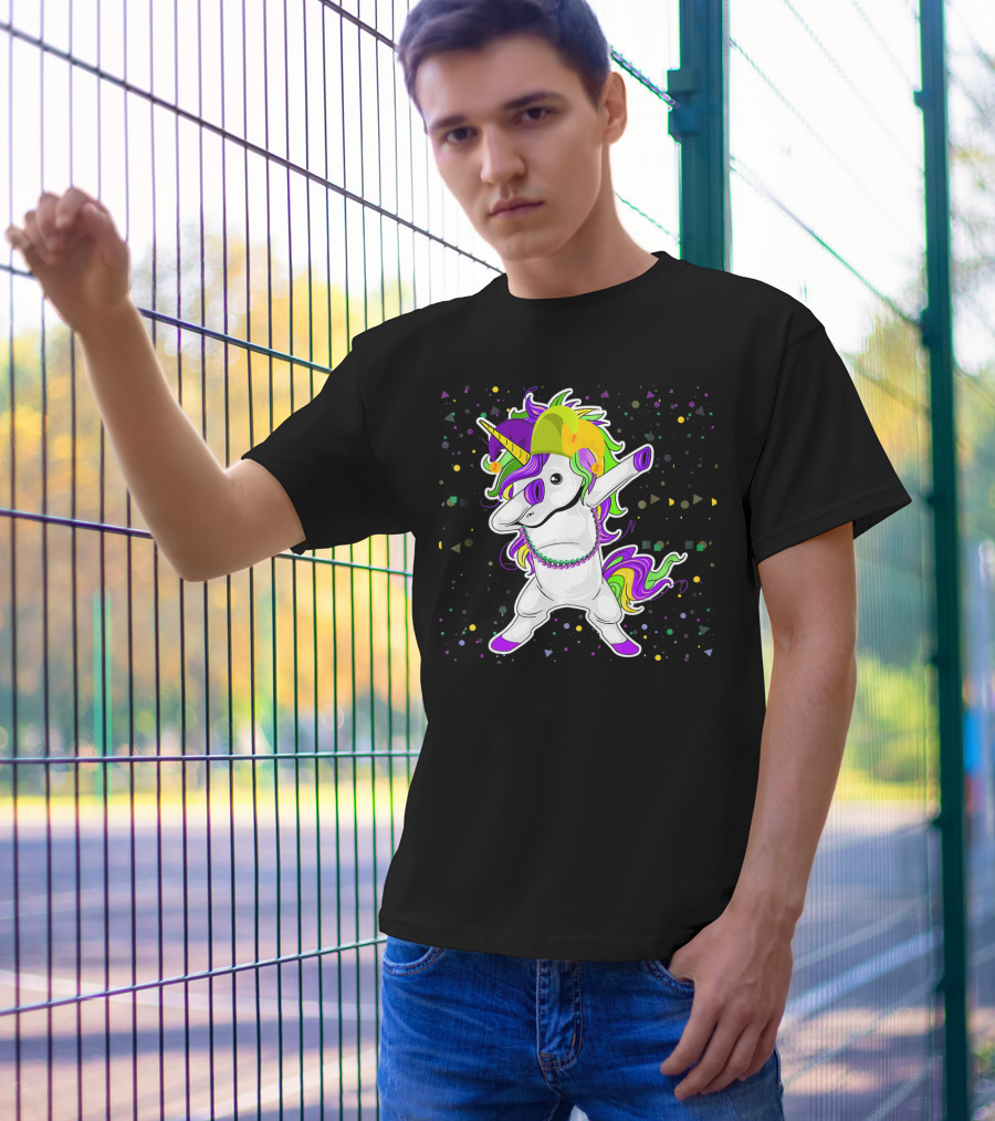 Mardi Gras Unicorn Party Mask Floss Dance T-Shirt