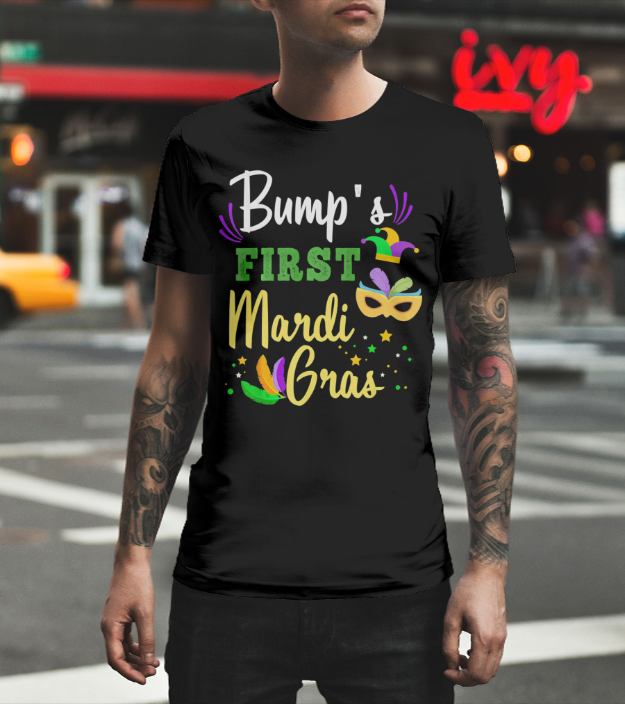 Bump's First Mardi Gras Jester Hat Mask Feathers Stars T-Shirt