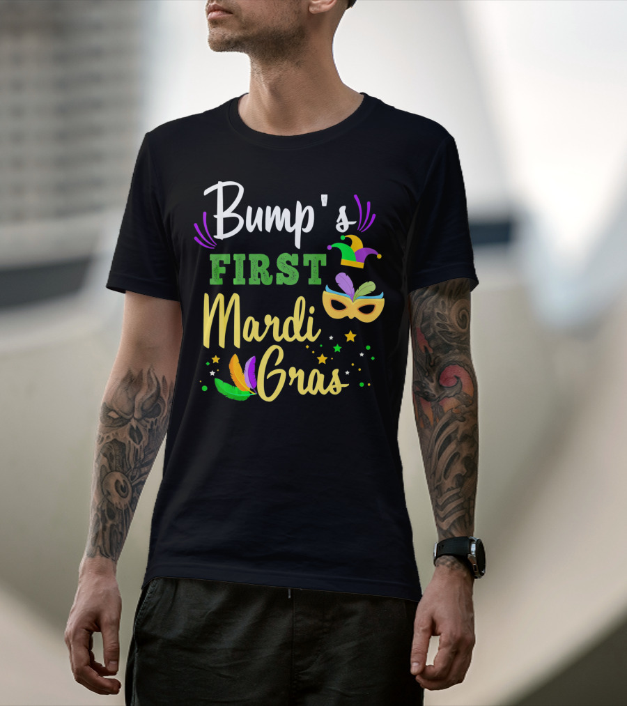 Bump's First Mardi Gras Jester Hat Mask Feathers Stars T-Shirt