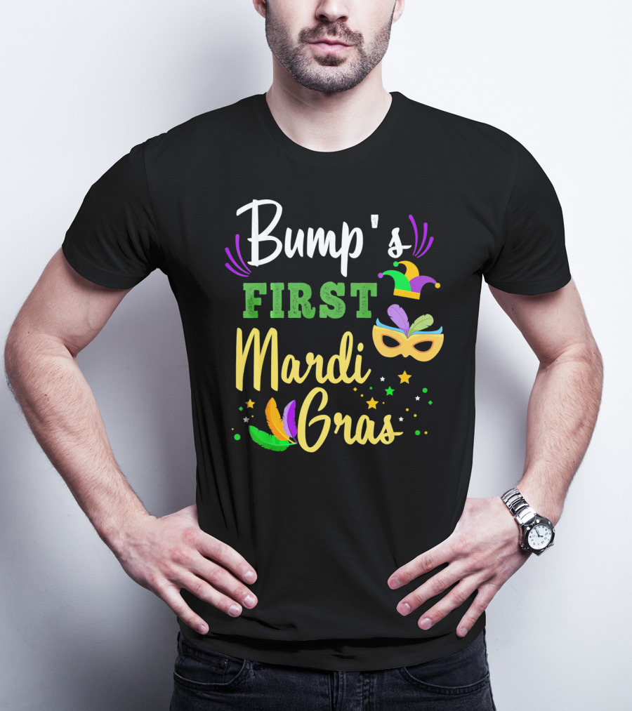 Bump's First Mardi Gras Jester Hat Mask Feathers Stars T-Shirt
