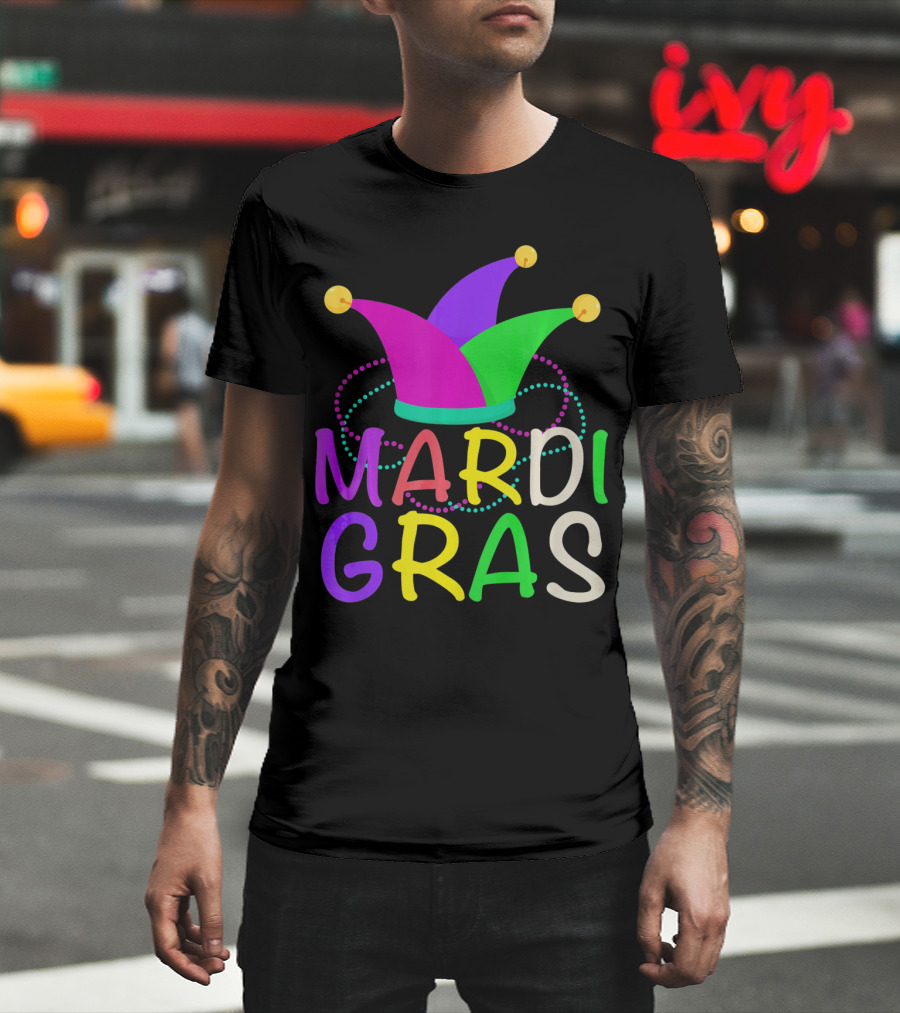 Mardi Gras Jester Hat Colorful Beads T-Shirt