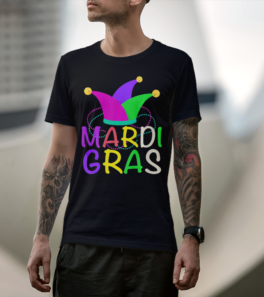 Mardi Gras Jester Hat Colorful Beads T-Shirt