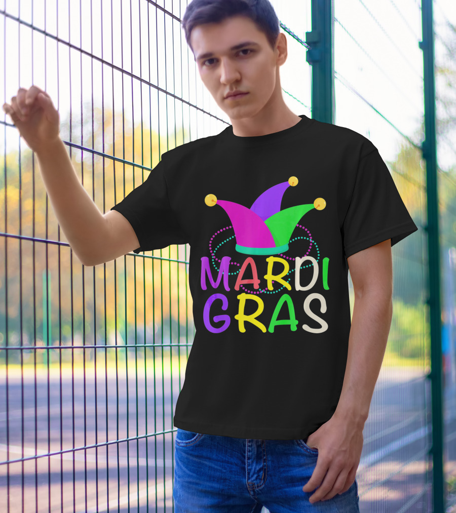 Mardi Gras Jester Hat Colorful Beads T-Shirt