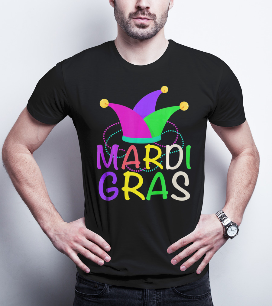 Mardi Gras Jester Hat Colorful Beads T-Shirt