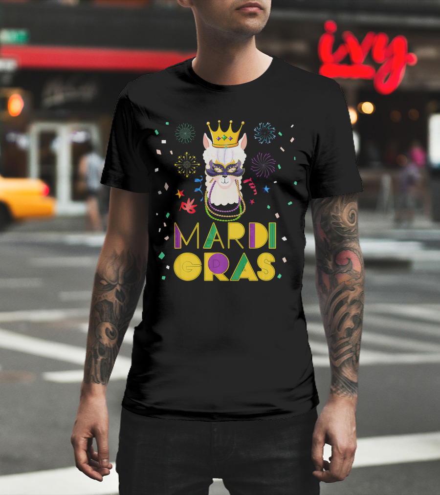 Mardi Gras Llama Alpaca Crowns Beads Fun Mask Fireworks T-Shirt