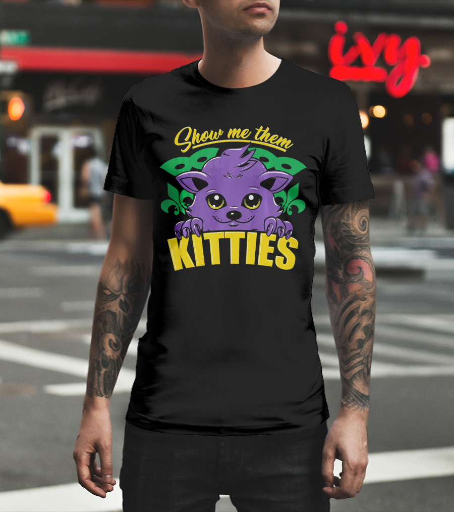 Show Me Them Kitties Mardi Gras Mask Purple Cat Fleur-de-Lis T-Shirt