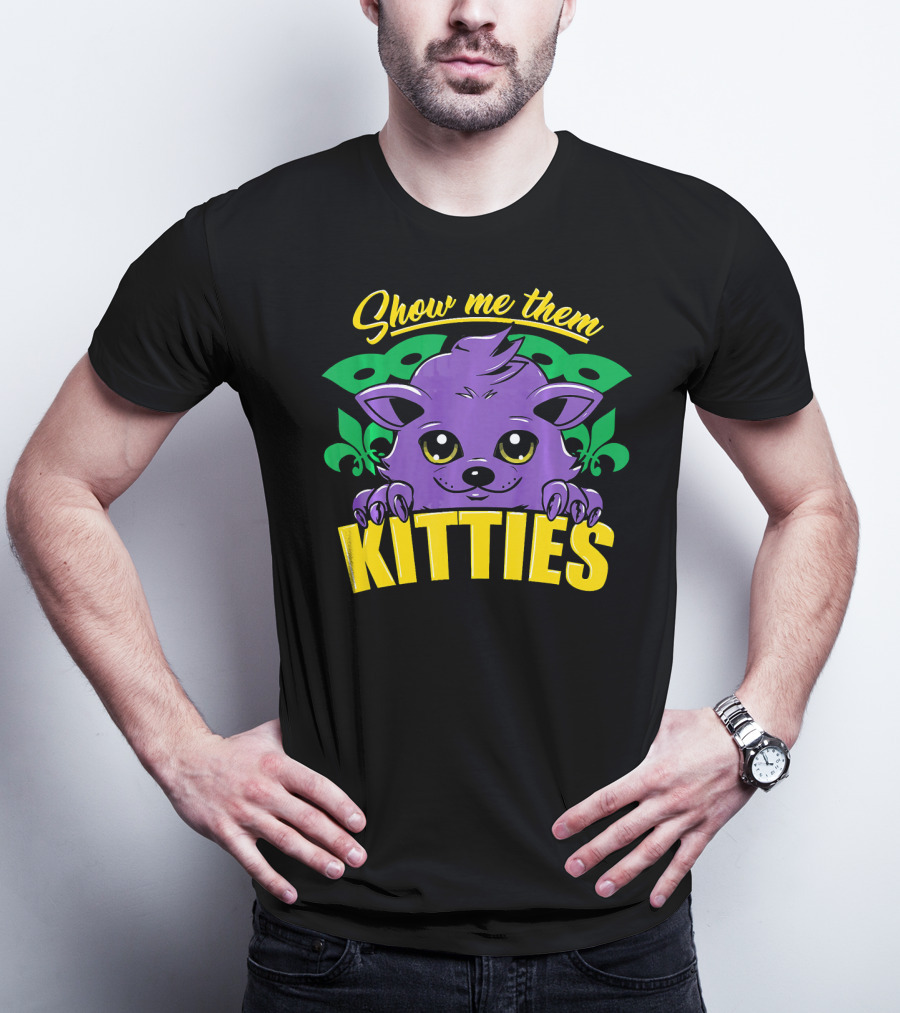 Show Me Them Kitties Mardi Gras Mask Purple Cat Fleur-de-Lis T-Shirt
