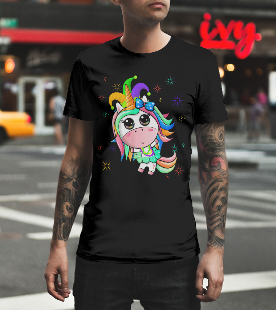 Mardi Gras Unicorn With Colorful Beads And Jester Hat T-Shirt
