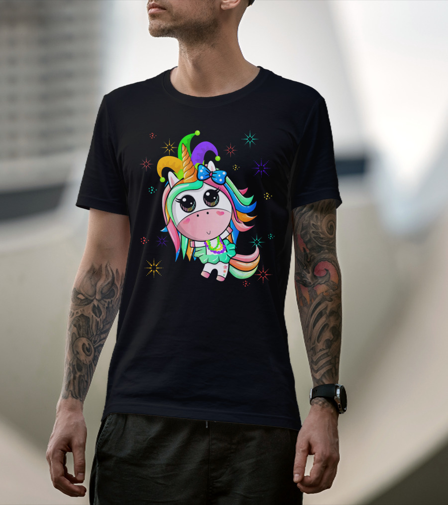 Mardi Gras Unicorn With Colorful Beads And Jester Hat T-Shirt