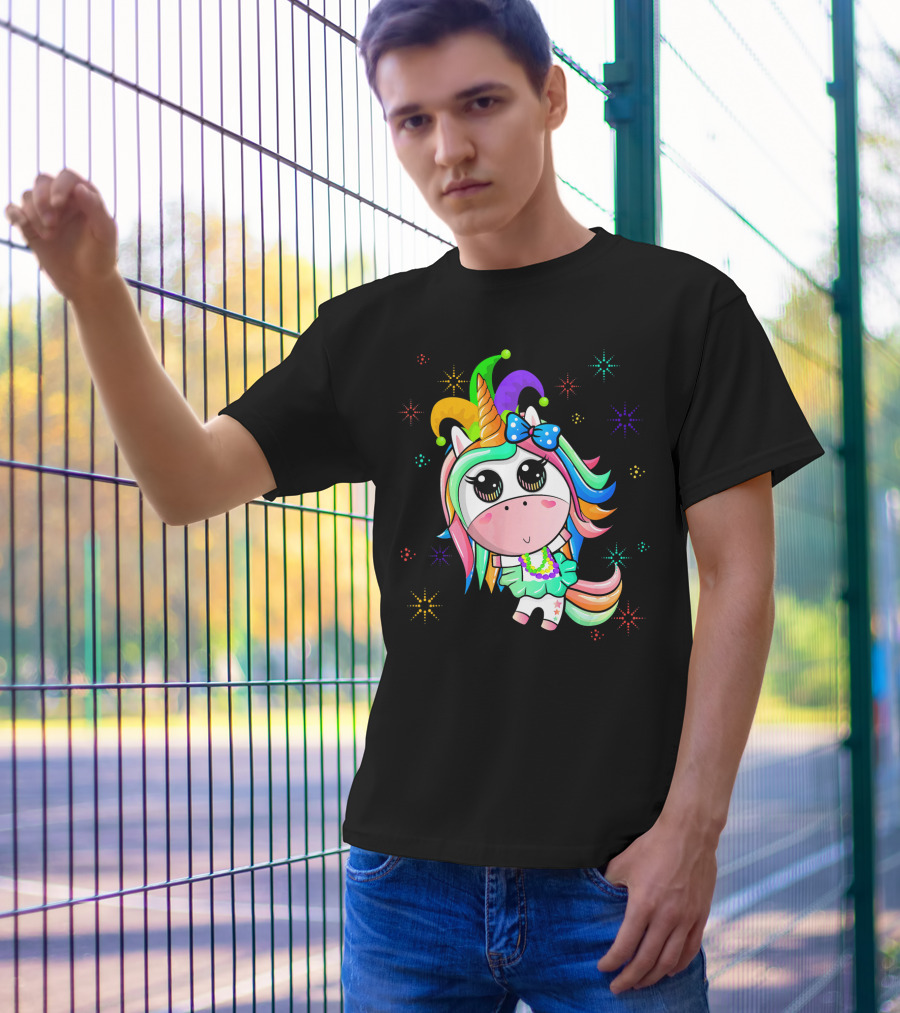 Mardi Gras Unicorn With Colorful Beads And Jester Hat T-Shirt