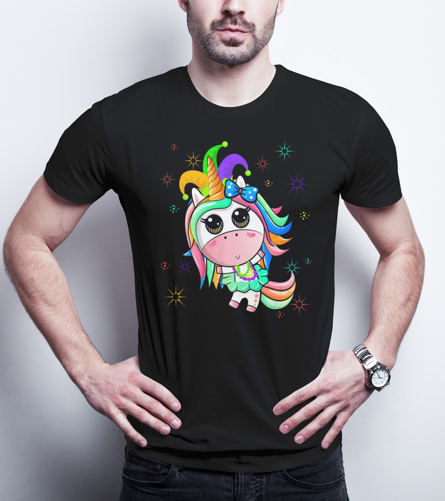 Mardi Gras Unicorn With Colorful Beads And Jester Hat T-Shirt