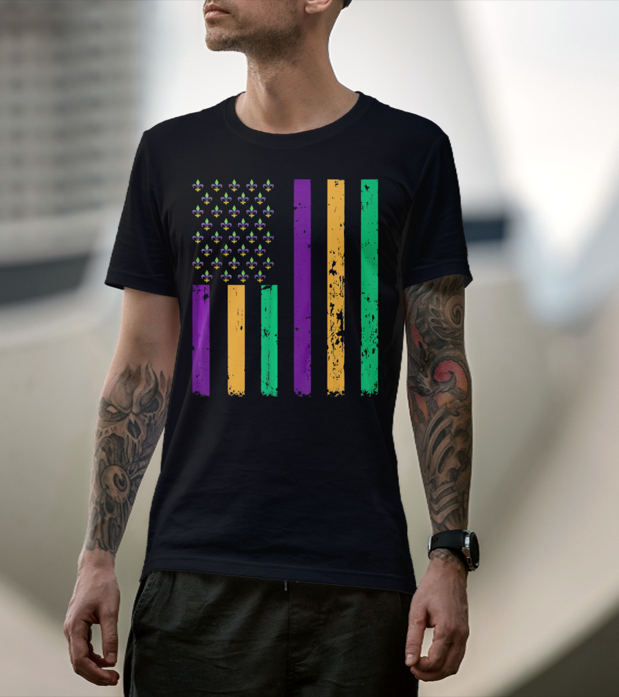Vintage Fleur-de-Lis Mardi Gras American Flag T-Shirt