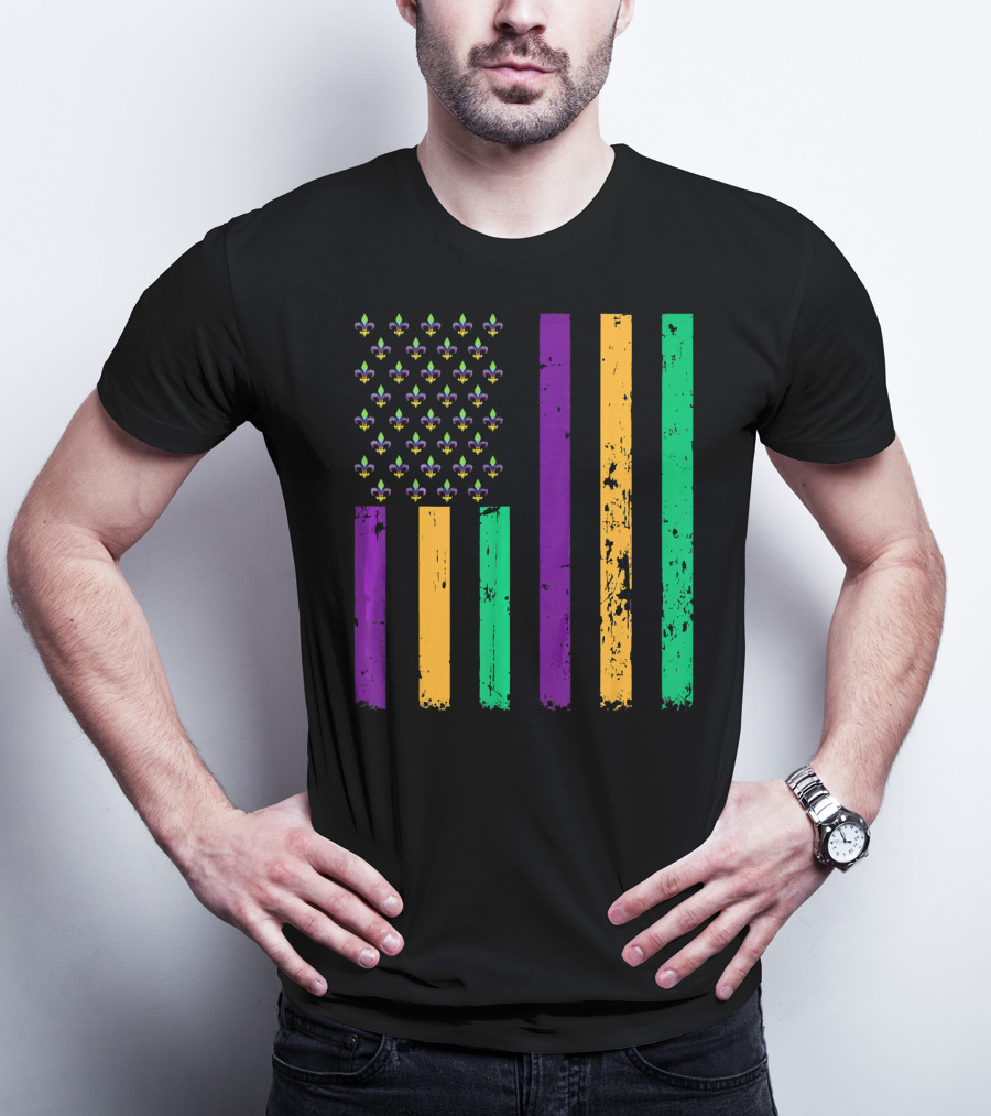 Vintage Fleur-de-Lis Mardi Gras American Flag T-Shirt