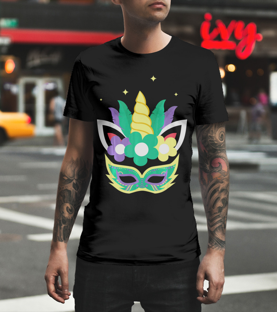 Unicorn Mardi Gras Mask With Flowers And Stars T-Shirt