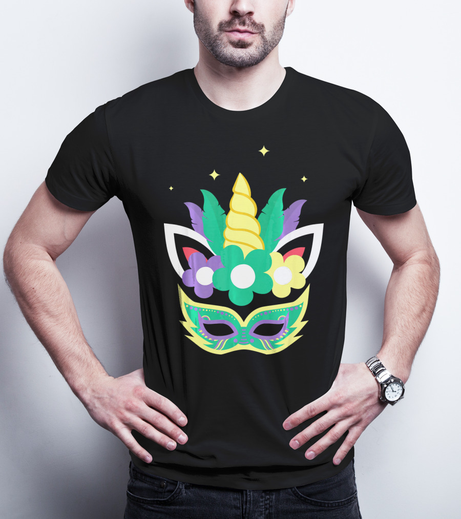 Unicorn Mardi Gras Mask With Flowers And Stars T-Shirt