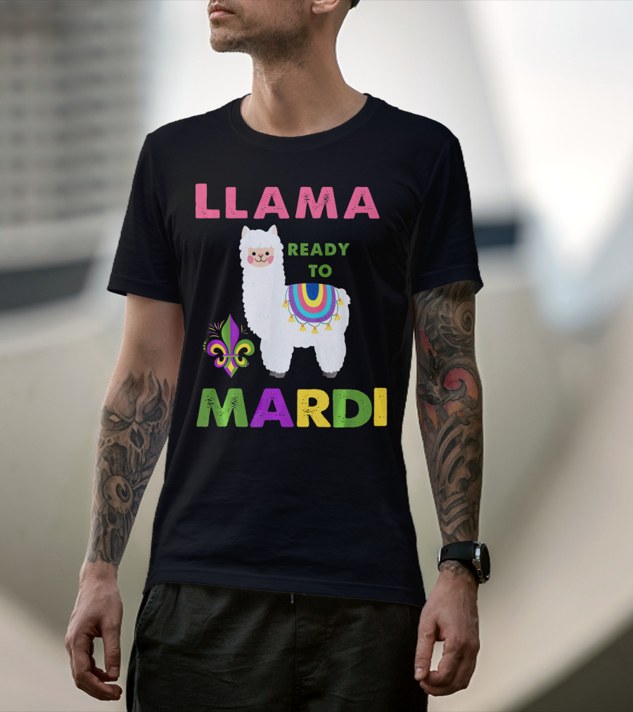 Llama Ready To Mardi Gras Fleur De Lis Festival Colors T-Shirt