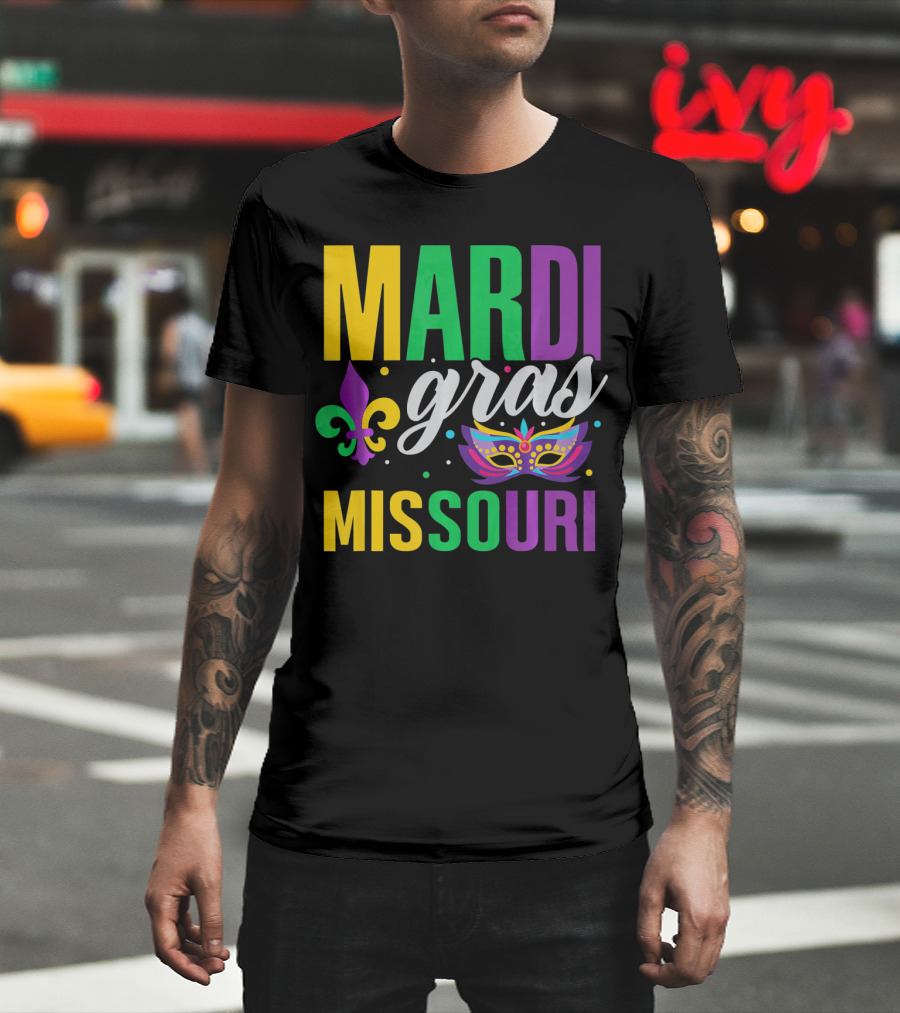 Mardi Gras Missouri Parade Beads Fleur-de-Lis Mask T-Shirt