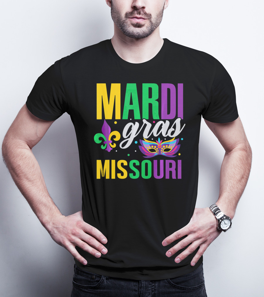 Mardi Gras Missouri Parade Beads Fleur-de-Lis Mask T-Shirt