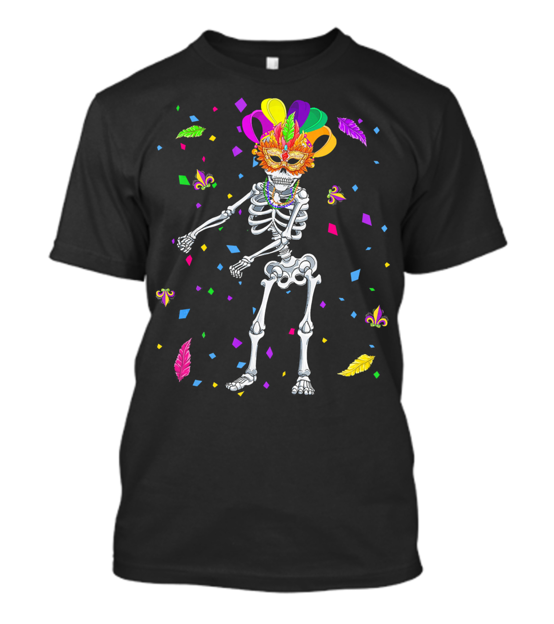 Flossing Skeleton Mardi Gras Jester Hat Beads Masquerade Mask T-Shirt