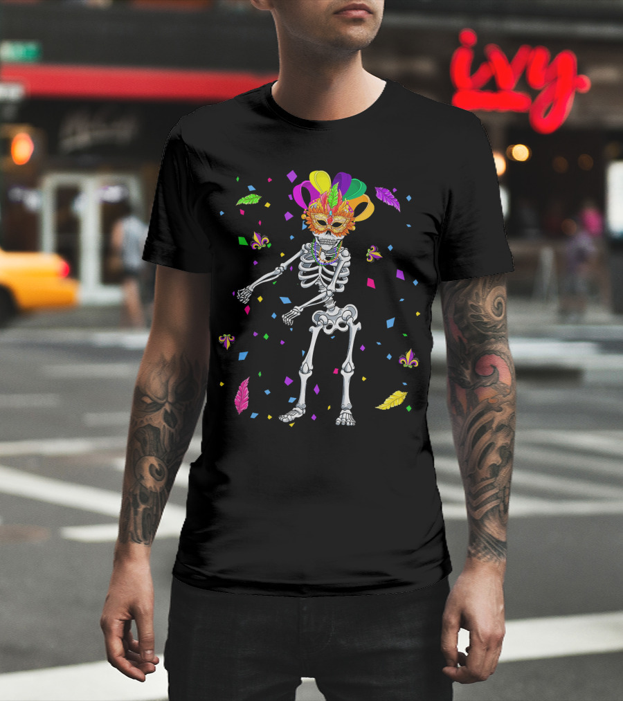 Flossing Skeleton Mardi Gras Jester Hat Beads Masquerade Mask T-Shirt
