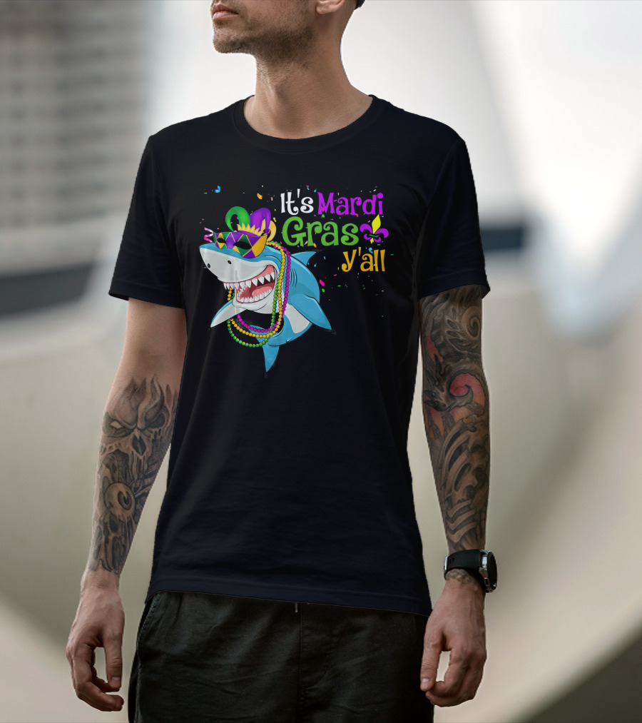 It's Mardi Gras Y'all Beads Mask Shark Fleur-de-Lis T-Shirt