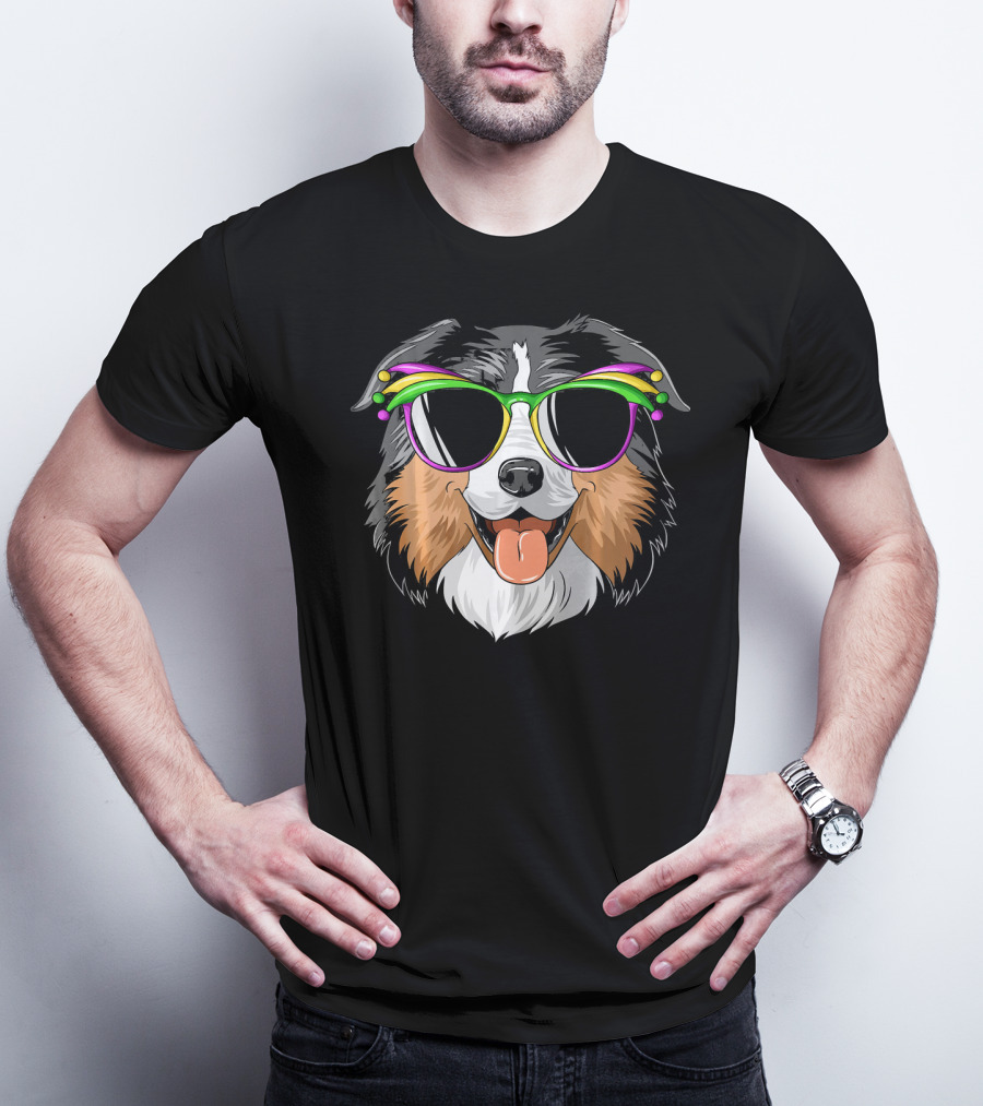Australian Shepherd Dog Wearing Mardi Gras Festival Sunglasses T-Shirt