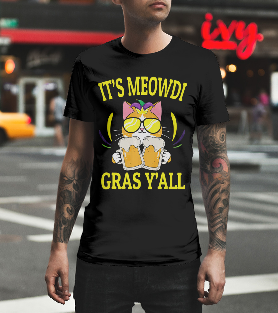 It's Meowdi Gras Y'all Cat With Beers And Sunglasses T-Shirt