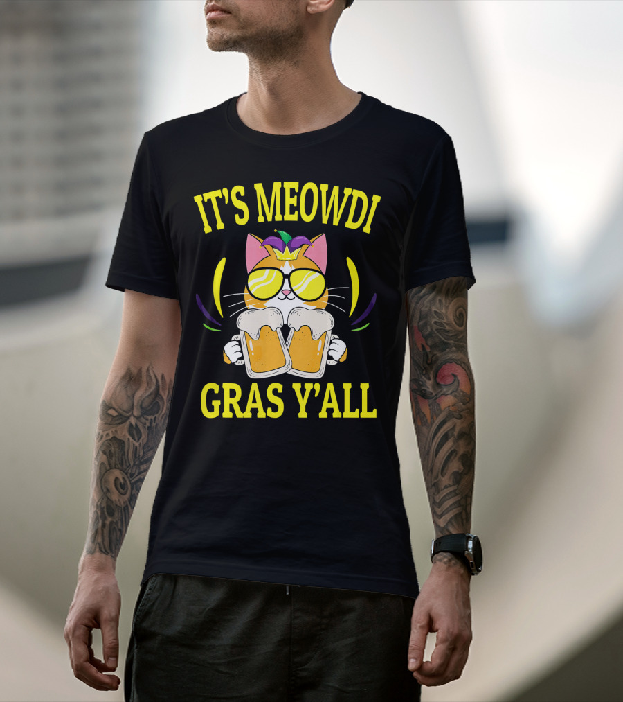 It's Meowdi Gras Y'all Cat With Beers And Sunglasses T-Shirt