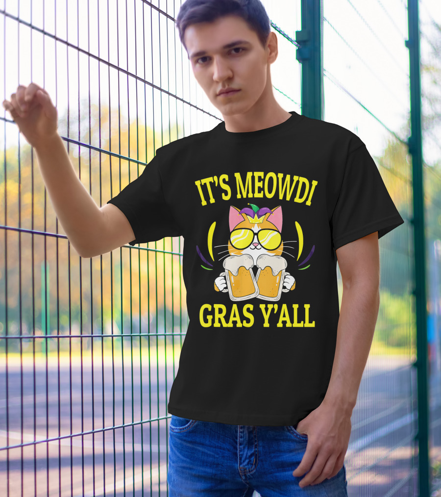 It's Meowdi Gras Y'all Cat With Beers And Sunglasses T-Shirt