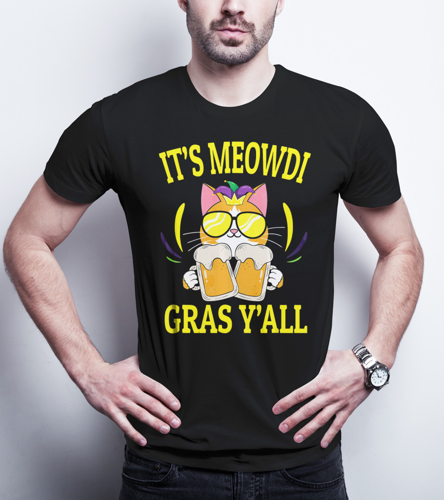 It's Meowdi Gras Y'all Cat With Beers And Sunglasses T-Shirt