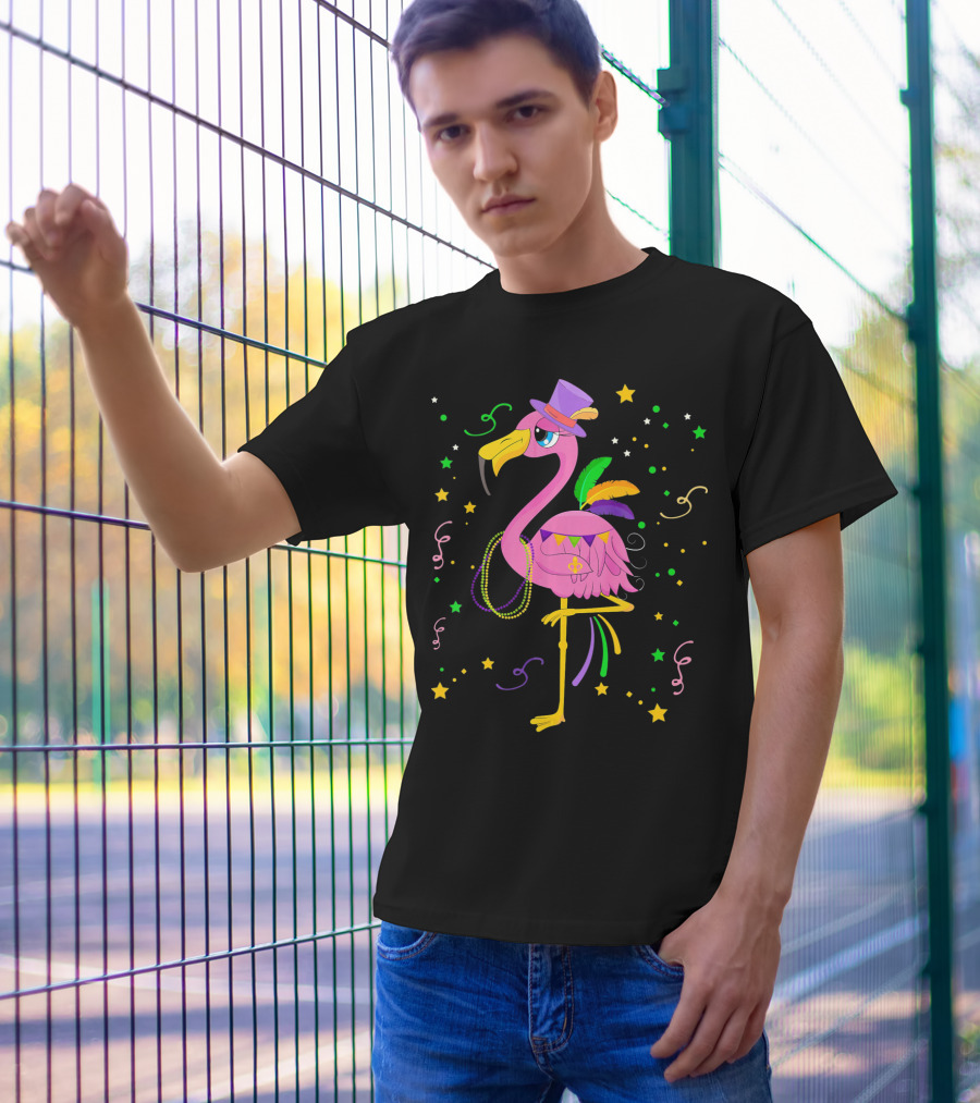 Mardi Gras Flamingo Carnival Festive Celebration With Colorful Beads And Stars T-Shirt