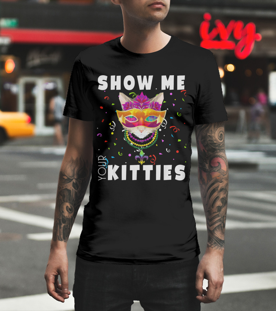 Show Me Your Kitties Mardi Gras Cat Mask And Beads Confetti T-Shirt