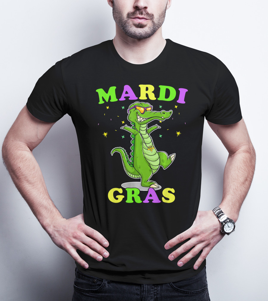 Mardi Gras Alligator Party With Sunglasses And Beads T-Shirt