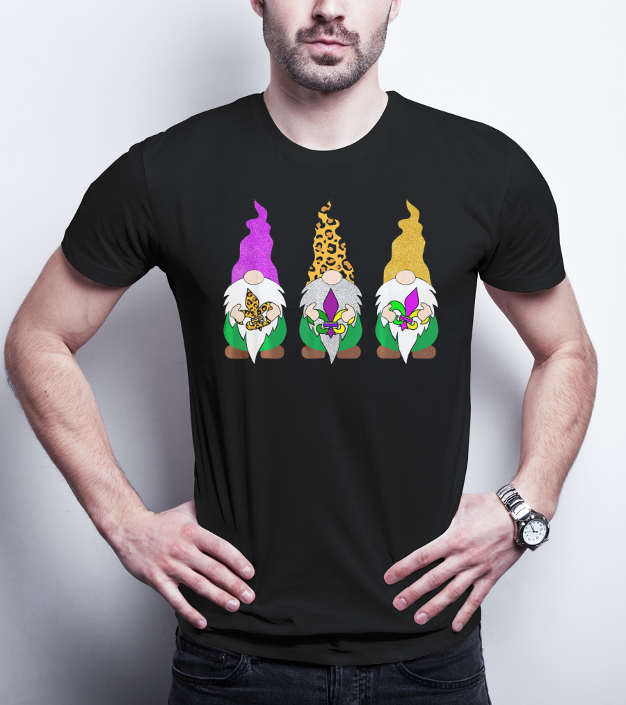 Mardi Gras Festival Colors Glitter Leopard Pattern Gnomes With Fleur-de-Lis T-Shirt