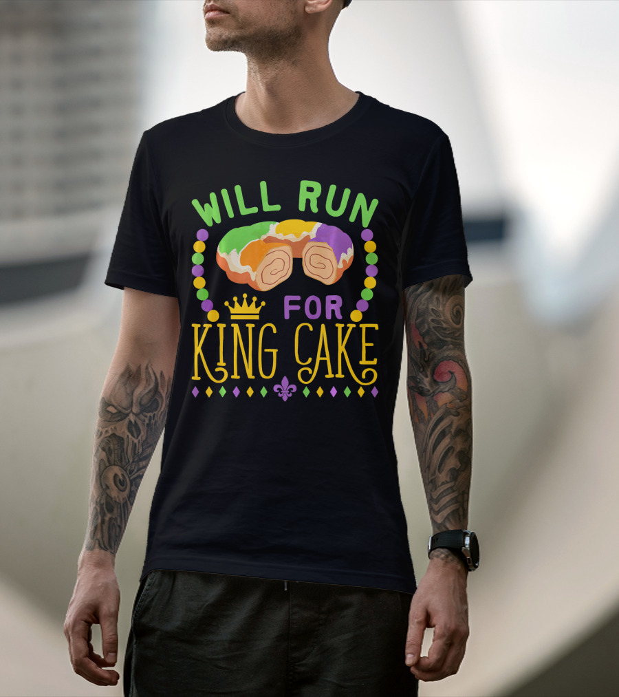Will Run For King Cake Mardi Gras Festival Beads And Pastry Fleur-de-lis Colors T-Shirt