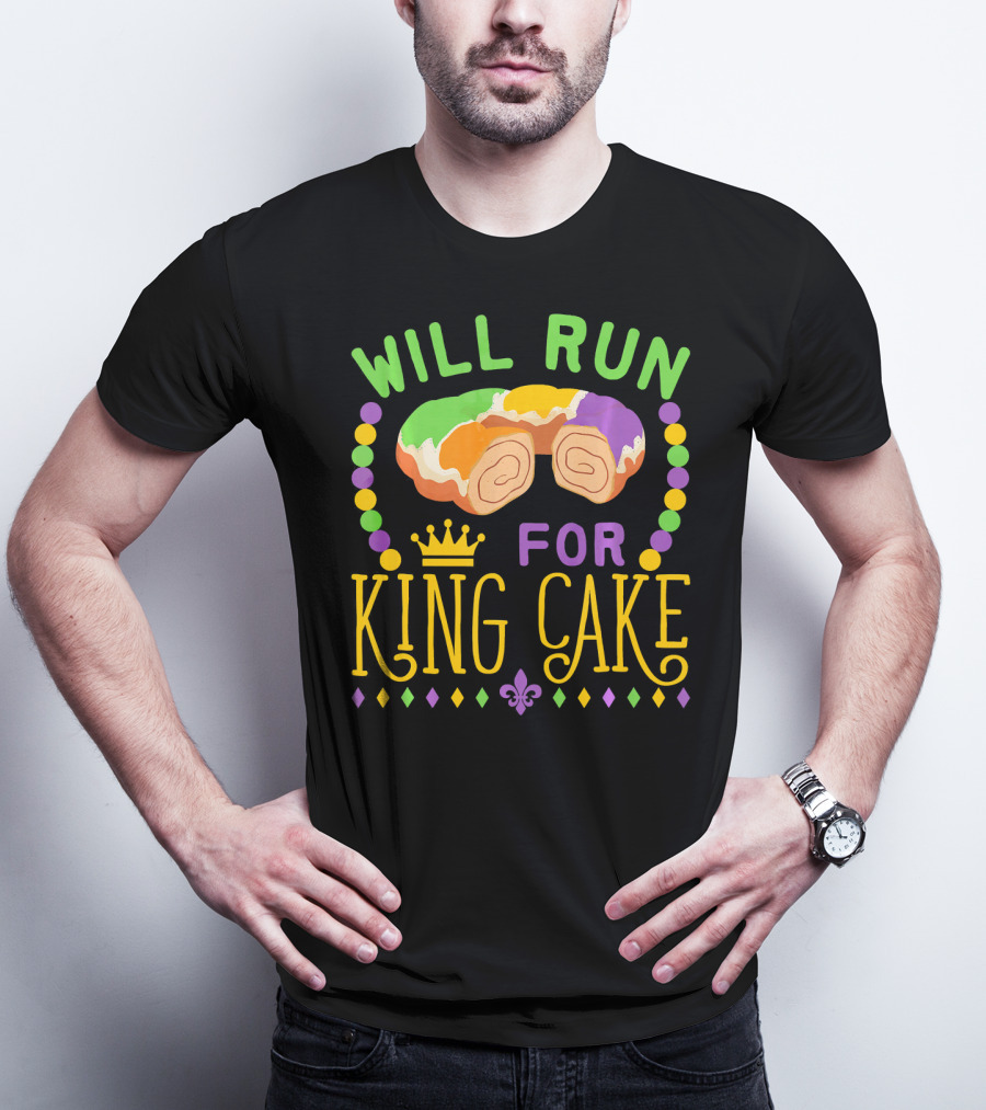 Will Run For King Cake Mardi Gras Festival Beads And Pastry Fleur-de-lis Colors T-Shirt