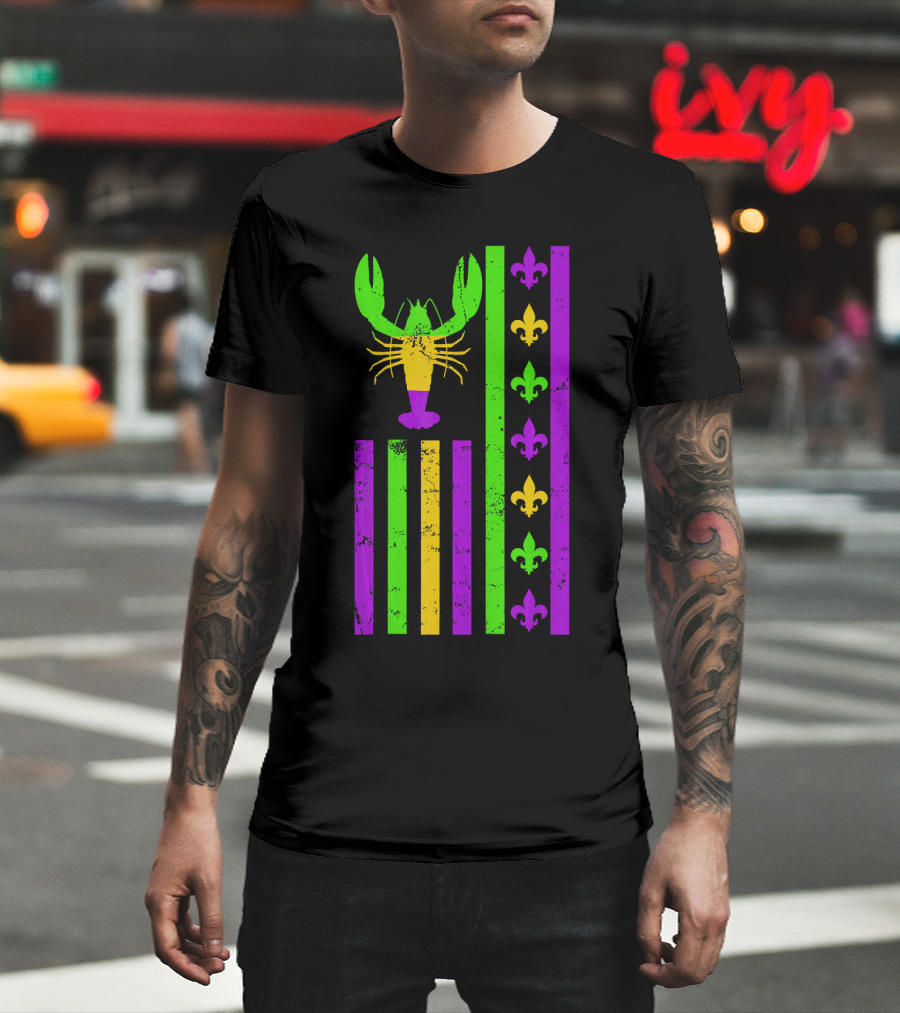 American Flag Mardi Gras Crawfish Fleur-de-Lis Stripes T-Shirt