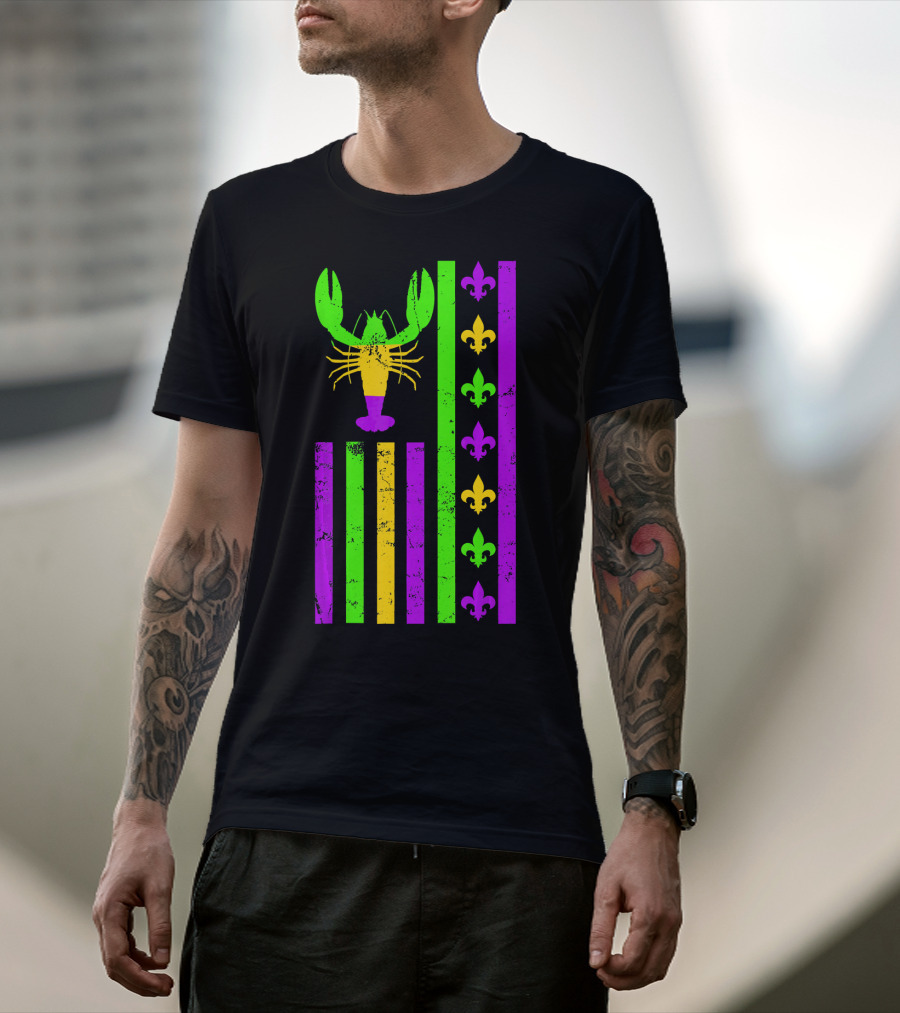 American Flag Mardi Gras Crawfish Fleur-de-Lis Stripes T-Shirt