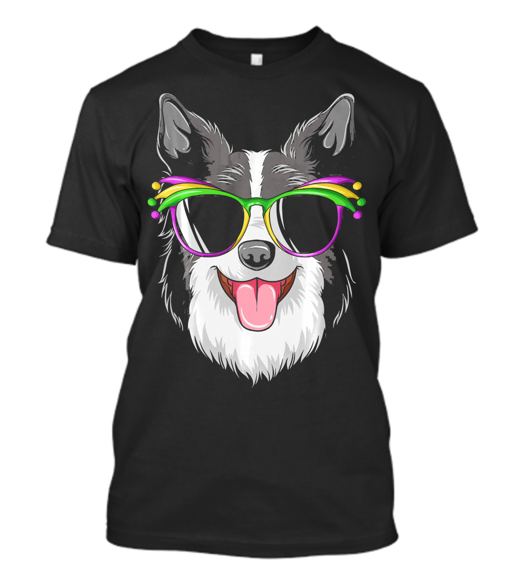 Collie Wearing Mardi Gras Carnival Mask With Colorful Glasses T-Shirt
