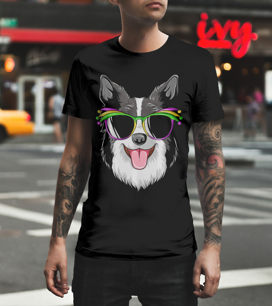 Collie Wearing Mardi Gras Carnival Mask With Colorful Glasses T-Shirt
