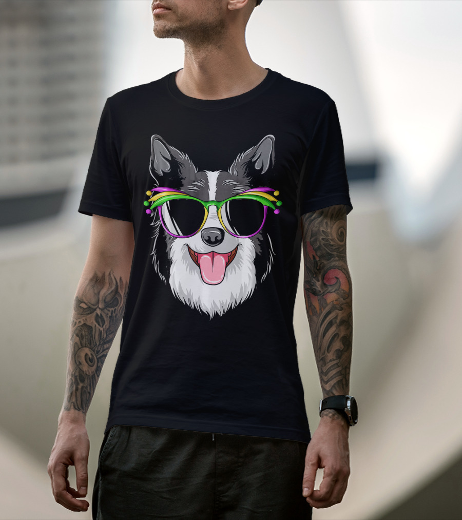 Collie Wearing Mardi Gras Carnival Mask With Colorful Glasses T-Shirt