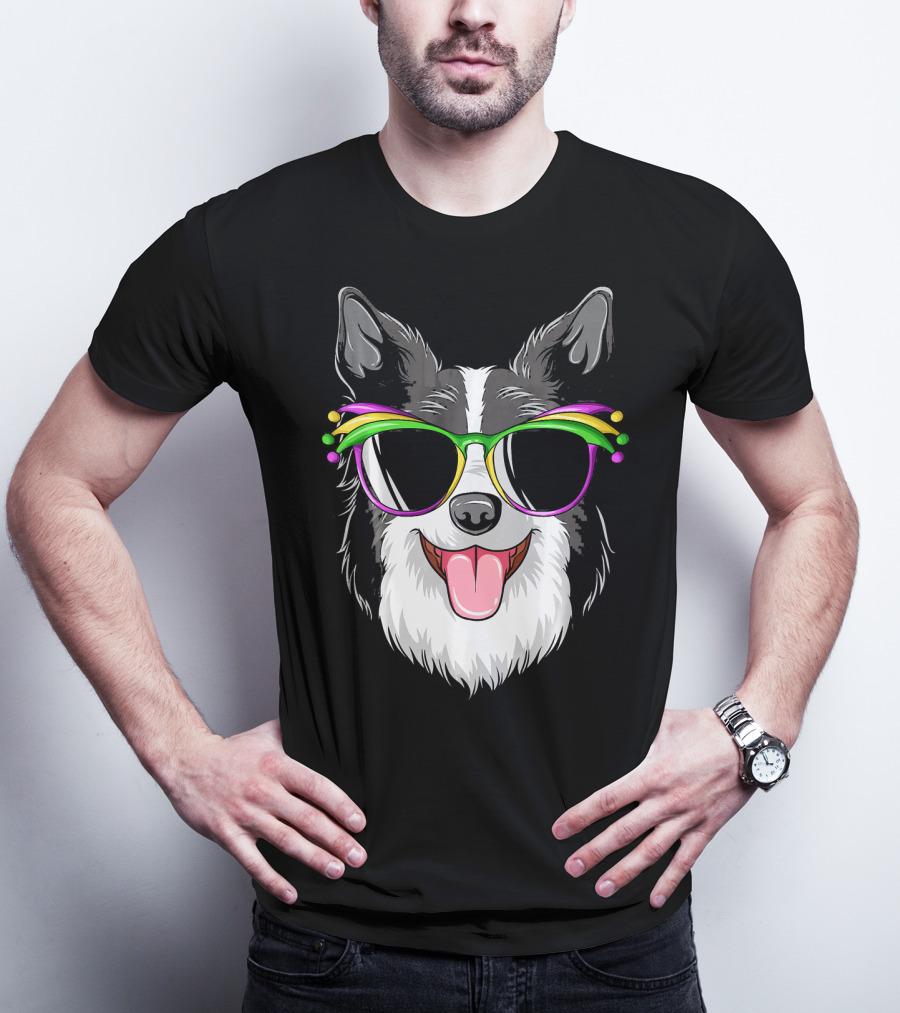 Collie Wearing Mardi Gras Carnival Mask With Colorful Glasses T-Shirt