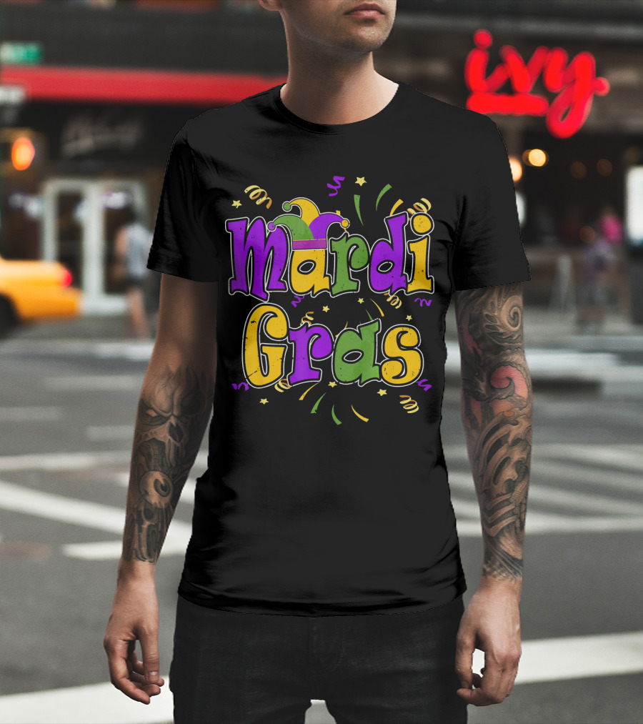 Mardi Gras Colorful Celebration Letters And Decorations T-Shirt