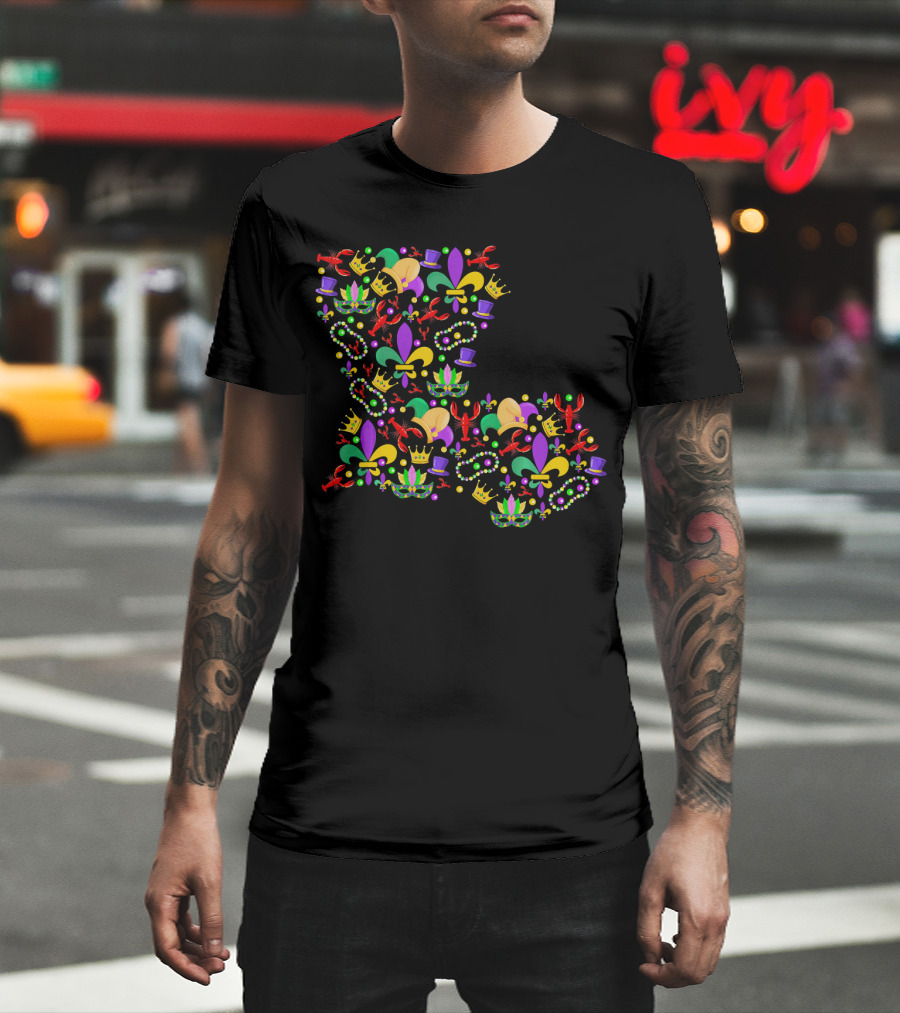 Mardi Gras Crawfish Fleur-de-Lis Beads Crowns Louisiana Map T-Shirt